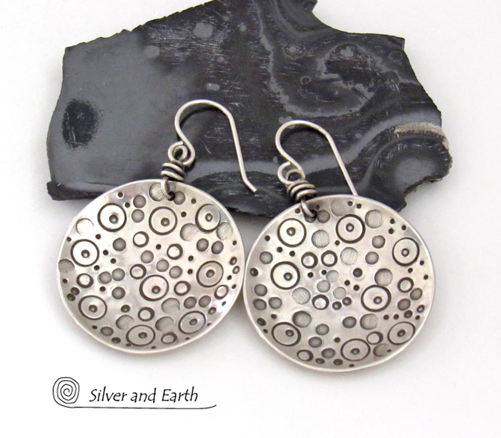 Sterling Silver Circle Earrings with Unique Hand Stamped Texture Artisan Handcrafted Bold Artsy Modern Silver Jewelry
